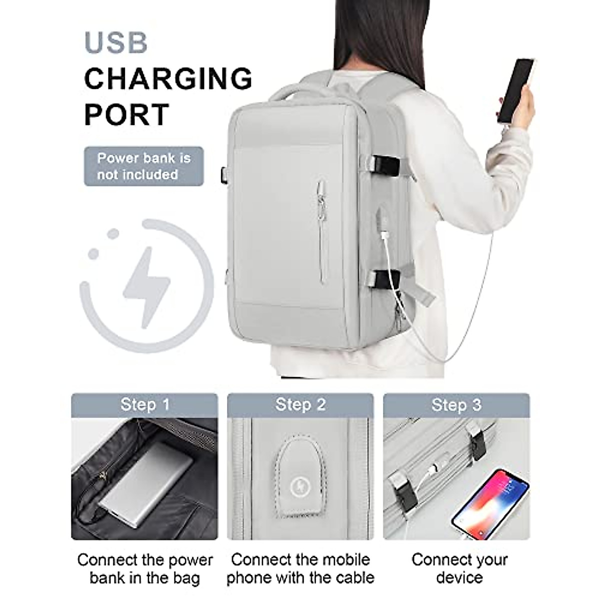 Large Travel Backpack Men,Carry On Backpack,Expandable Airline Airplane Flight Approved Weekender Backpack,Laptop Backpack,Waterproof 40l Business Travel Backpack Women,Overnight Backpack, Grey