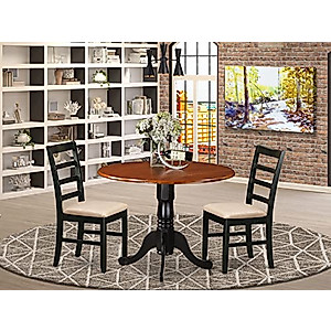 East West Furniture Dublin 3 Piece Set Contains a Round Dining Room Table with Dropleaf and 2 Linen Fabric Upholstered Kitchen Chairs, 42x42 Inch, Black & Cherry