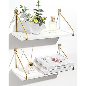 SUMGAR White Floating Shelves 16 Inch Gold Wall Mounted Floating Shelf for Bathroom Bedroom Kitchen Office Set of 2 Modern Wood Haing Shelf for Plant Book Storage and Display