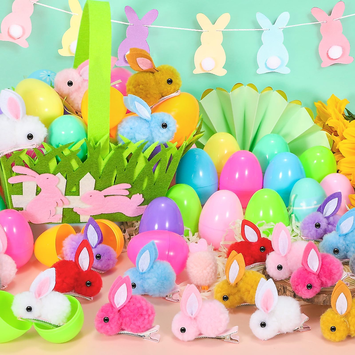 SevenQ Easter Eggs Fillers with Bunny Hair Clips Colorful 24 Pack, Easter Basket Stuffers Party Favors Gift Bags for Kids Cute Stuff Plush Fidget Toys Classroom Treasure Box Egg Hunt Games Supplies