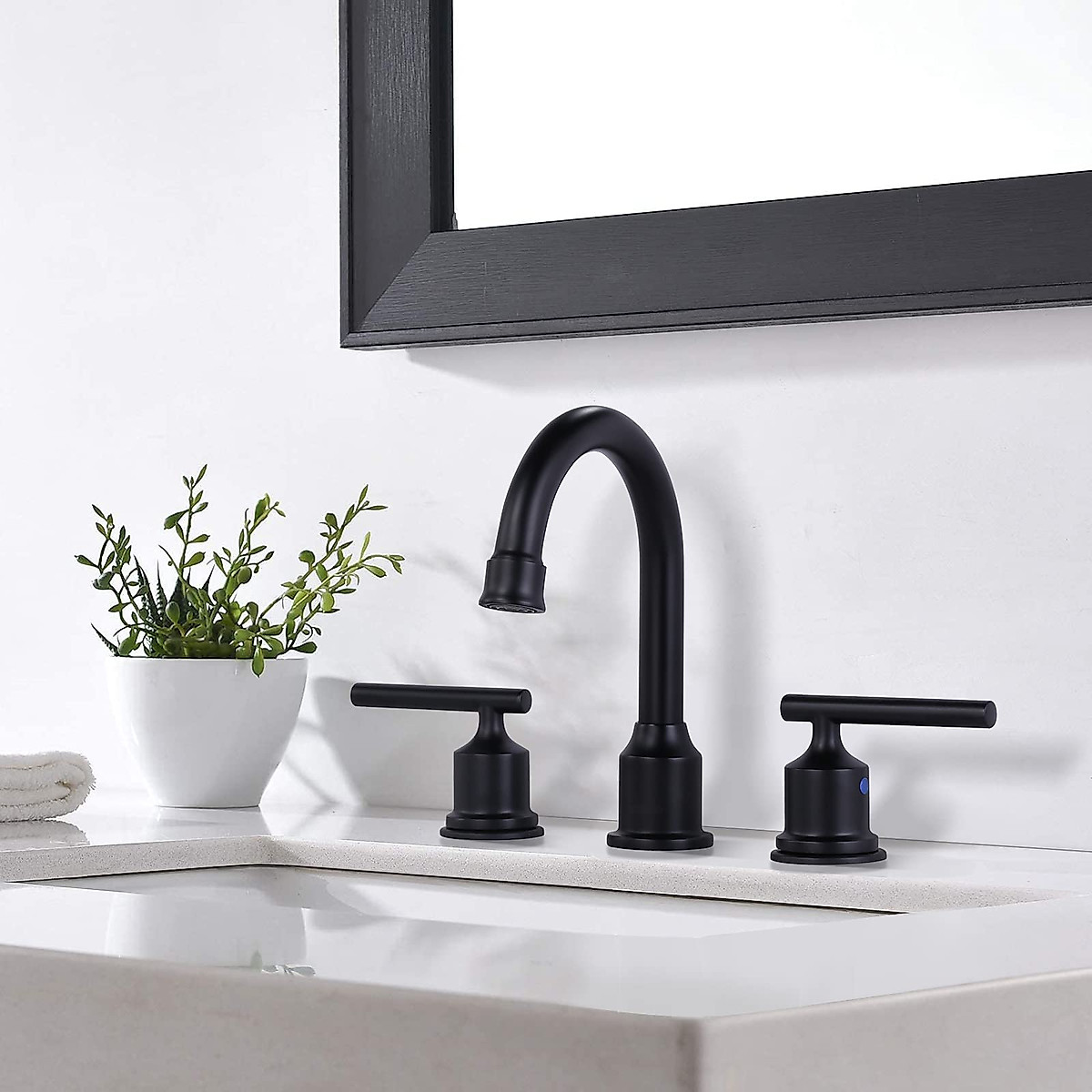 WOWOW 2 Handle Bathroom Faucet Matte Black Bathroom Sink Faucet Widespread Faucet with Pop Up Drain Brass Bathroom Faucet 3 Hole Vanity Faucet 8 Inch Basin Faucet