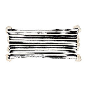 Creative Co-Op White Cotton & Chenille Woven Lumbar Raised Black Stripes & Thick Tassels Pillows