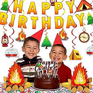 52 Pcs Camping Birthday Party Decorations, Happy Camper Party Hanging Swirls Ceiling Decor Happy Birthday Banner Camping Cupcake Toppers Campfire Centerpiece for Kids Birthday Baby Shower Supplies