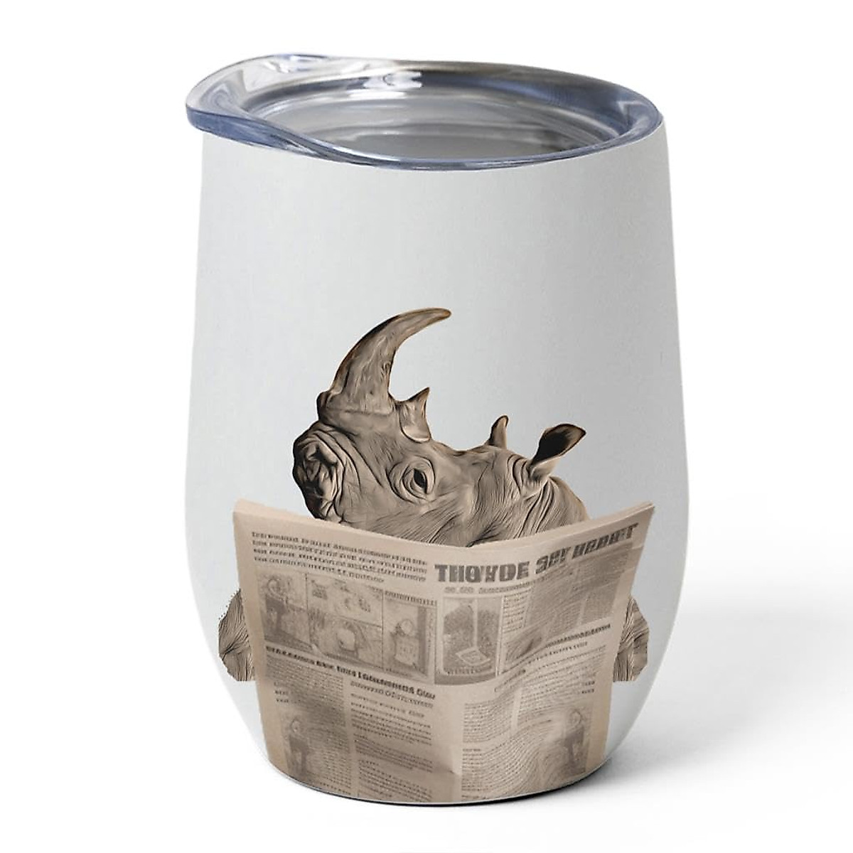 Rhino Rhinoceros Reading Newspaper Tumbler 12oz Stainless Steel Vacuum Insulated Wine Cup With Lid - Gifts for Rhinoceros Lovers