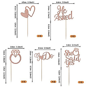 30 Pack He Asked She Said Yes Cupcake Toppers Glitter Heart Ring I do Cupcake Picks Bridal Shower Cake Decorations for Wedding Engagement Theme Party Supplies Rose Gold