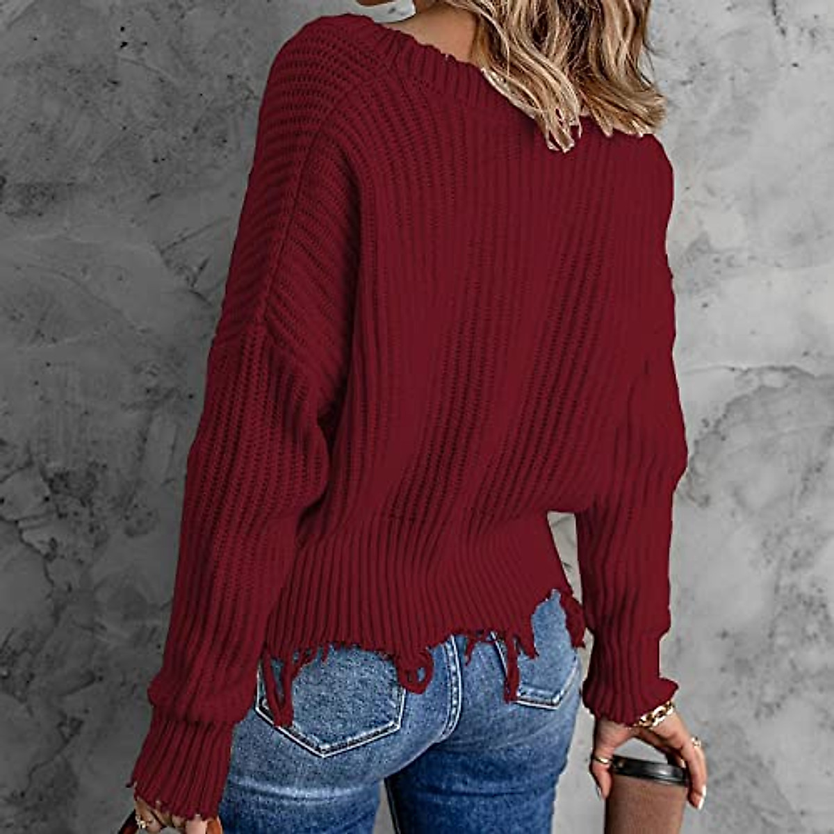 Womens V Neck Knit Sweater Long Sleeve Ripped Pullover Loose Fit Warm Knitted Jumper Crop Tops Sweaters Wine