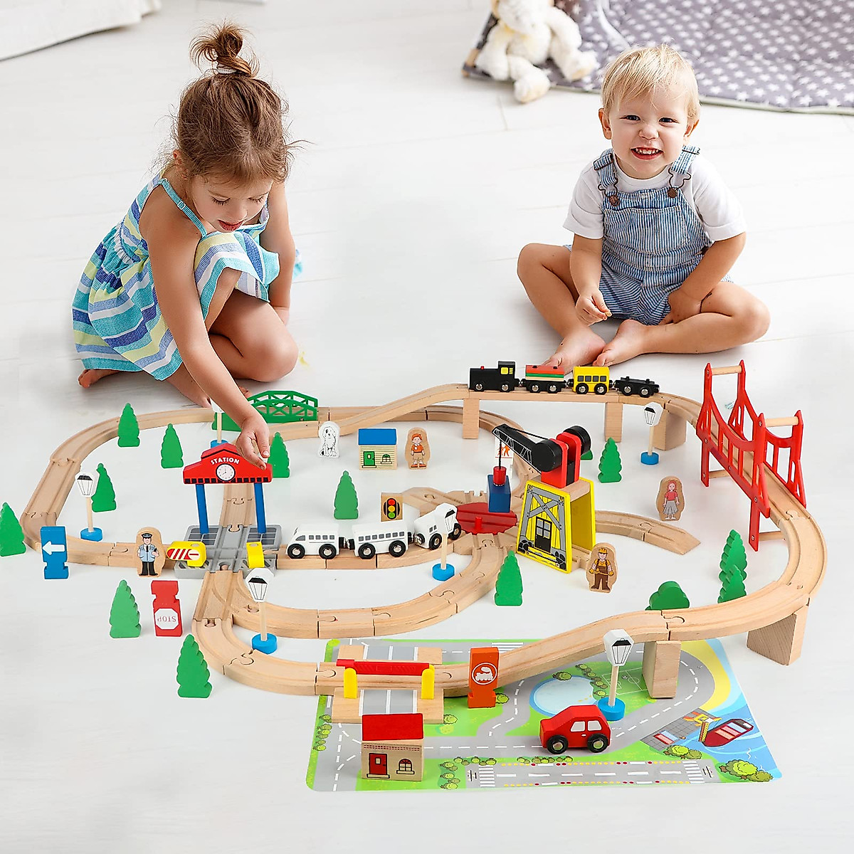 Joqutoys Wooden Train Set, 100 Pieces Toy Train Set for Toddlers 3+ Years Old, Train Tracks Toys with Tower Crane & Suspension Bridge, Fits All Major Brands