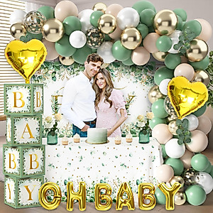 Gender Neutral Sage Green Baby Shower Decoration for Boy Girl Gender Reveal Safari Baby Shower Decor Supplies Baby Box with Letters Oh Baby Backdrop Tablecloth Balloon Garland Arch Kit (01)