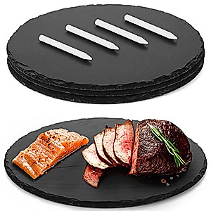 GOH DODD 12 x 12 Inch 3 Pieces Slate Cheese Boards, Round Black Stone Plates Placemats Gourmet Serving Tray Display Chalkboard for Charcuterie Meat Cake Fruit Meat Appetizers Dried Fruits Sussi