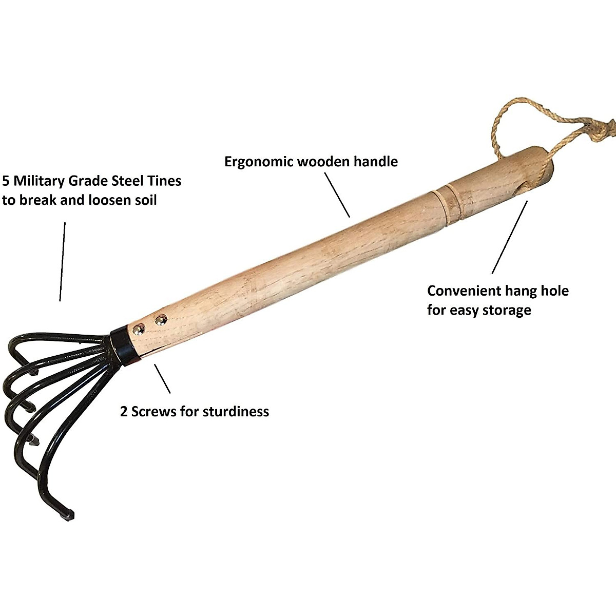 Garden Guru Hand Rake Cultivator Claw Soil Tiller - Military Grade Steel - Rust Resistant - 5 Tine Japanese Ninja Claw - Comfortable Wood Handle - Perfect Pulverized and Aerated Soil (2 Pack)