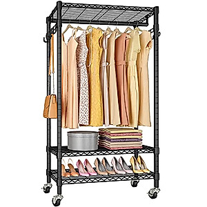 VIPEK X1 Plus Rolling Garment Rack Heavy Duty Clothes Rack for Hanging Clothes, Portable Closet Wardrobe with Wheels and Side Hooks, Adjustable Freestanding Metal Clothing Rack with Shelves, Black