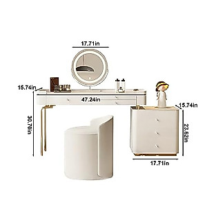 Attega Makeup Vanity Set, Vanity Table with Slate Tabletop, Dressing Table Set with Round Makeup Stool with Backrest for Bedroom