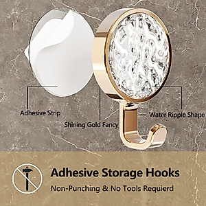 4 Pack Adhesive Wall Hooks for Door,Plastic Gold Hooks for Wall No Damage, Ripple Shaped Towel Hooks, Exquisite Golden Border, Heavy Duty Self Adhesive Hook Used for Home Bathroom Kitchen(Gold)
