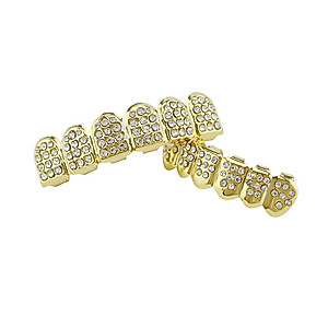 OOCC 18k Gold Plated Iced Out Grills with Diamond Hip Hop Teeth Grillz Caps Top and Bottom Set for Your Teeth (Golden)