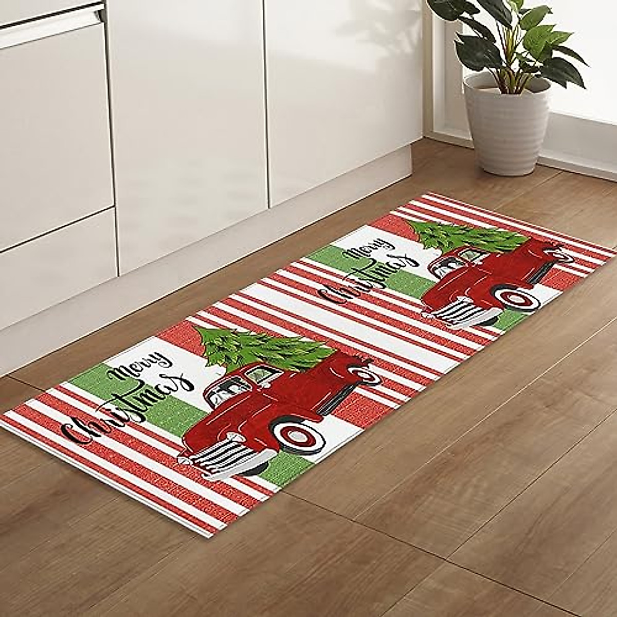 2 Pieces Kitchen Rugs and Mats Set, Christmas Truck Xmas Tree Red Green Stripe Kitchen Mats Cushioned Floormat Non Slip Runner Rug Set for Kitchen Laundry Entryway Decor, 15.7"x23.6"+15.7"x47.2"