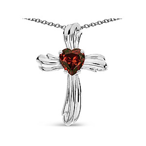 Star K Heart Shape 6mm Genuine Garnet Ribbed Cross Of Love Pendant Necklace 14 kt White Gold
