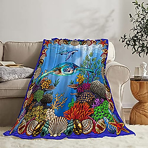 Sea Turtle Blanket Super Soft Cozy Ocean Sea Turtle Seashell Starfish Fleece Throw Blanket Warm Fuzzy Plush Sea Turtle Decor Bedding Blanket Gifts for Women Kids 40"X50"