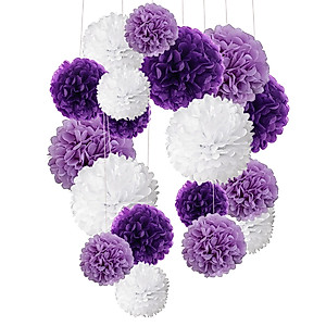 Tissue Paper Pom Poms, Recosis Paper Flower Ball for Birthday Party Wedding Baby Shower Bridal Shower Festival Decorations, 18 Pcs - Purple, Lavender and White