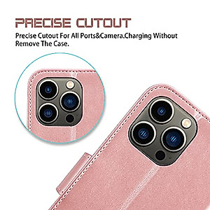 Arae Compatible with iPhone 13 Pro Max Case Wallet Flip Cover with Card Holder and Wrist Strap for iPhone 13 Pro Max 6.7 inch-Rose Gold