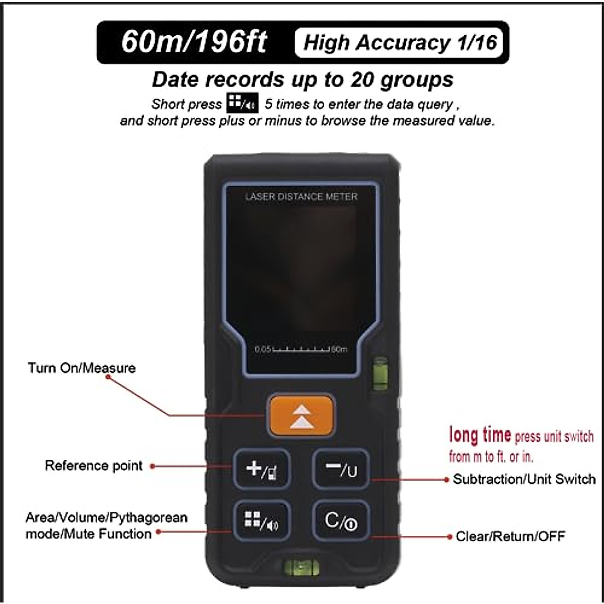 Laser Measurement Tool 196ft/60m Laser Tape Measure Laser Distance Measure Laser Measuring Tape Laser Distance Meter Laser Measuring Device Range Finder Digital Tape Measure with Laser