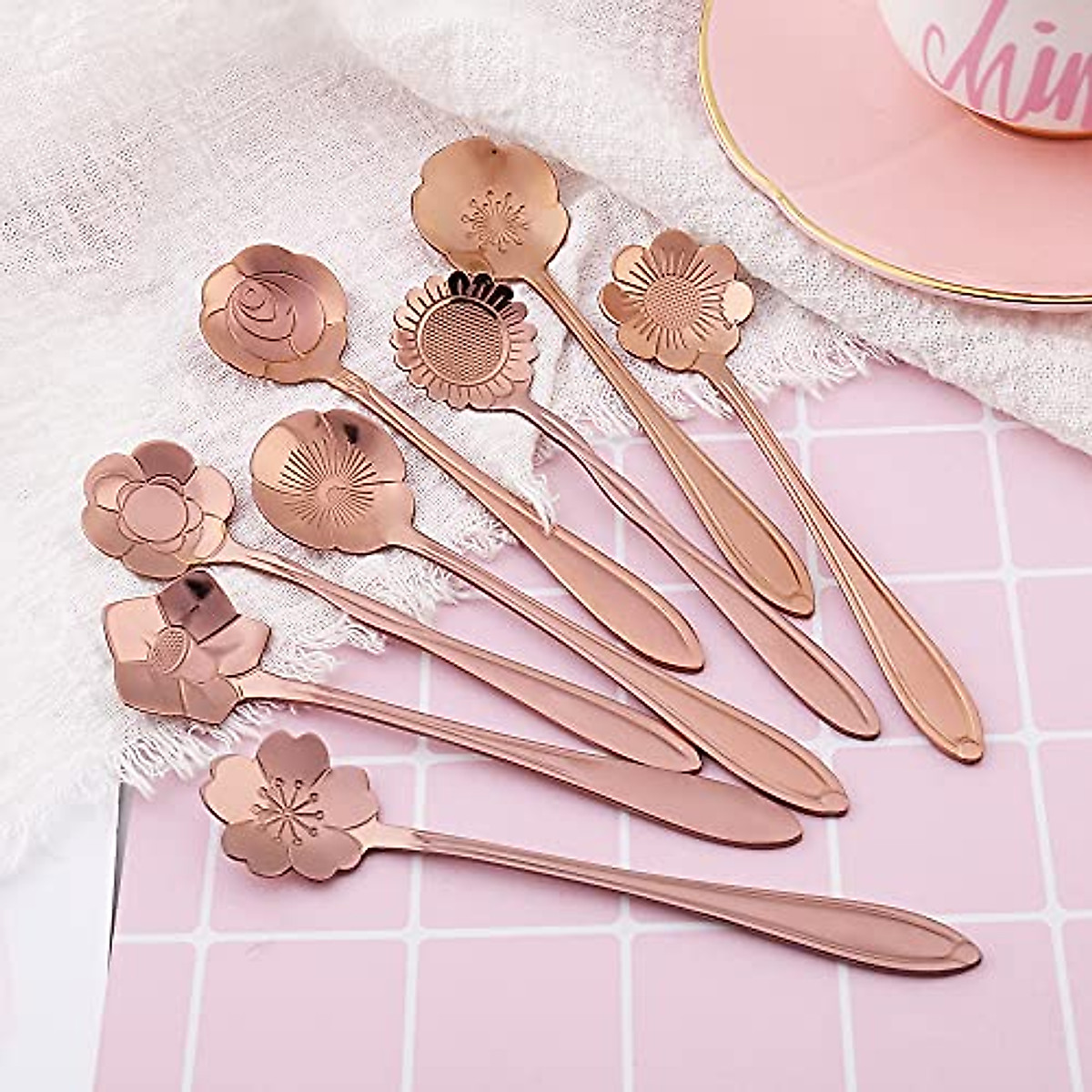 16 Pack Stainless Steel Tableware Creative Flower Coffee Spoon Sugar Spoon Tea Spoon Stir Bar Spoon Stirring Spoon, 8 Different Patterns,2 sets (Rose Gold)