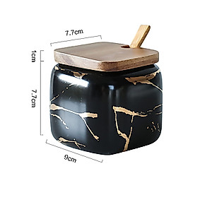 JFFLYIT 2 Sets of Marble Ceramic Sugar Bowl Ceramic Seasoning Jars with Wooden Lid and Wooden Spoon(Black)