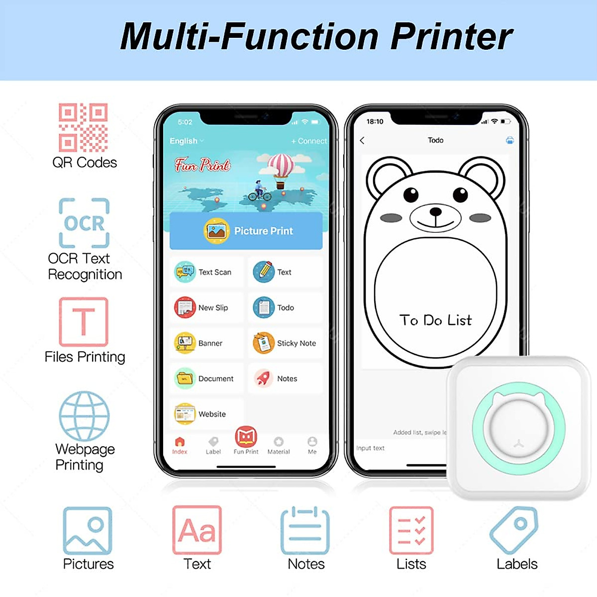 Portable Pocket Printer, Mini Bluetooth Thermal Mobile Printers with 10 Rolls Printing Paper and 5 Colored Pens Compatible with Android iOS, Inkless Printing Gift for Study Office Receipt Photo Notes