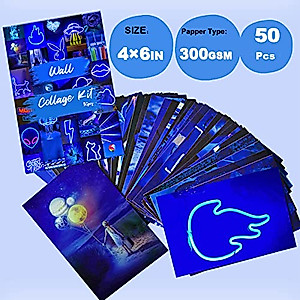 Blue Neon Wall Collage Kit Aesthetic Pictures, 50PCS Room Decor Indie Aesthetic for Teen Girls Boys Bedroom Wall Posters, Mysterious Photo Dorm Decorations, Blue Aesthetic Wall Images with 4x6''