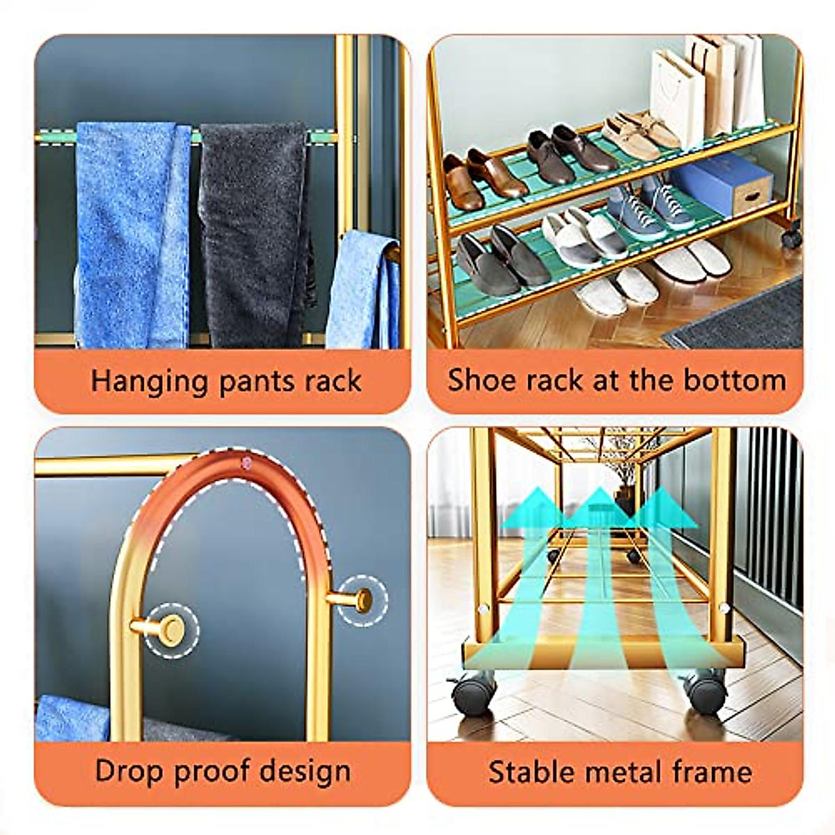 DSIOHFEI Metal Garment Rack Clothing Hanging Rack Free Standing Clothing Hanger with Top Rod,Lower Storage Shelves for Home Bedroom Laundry (Golden)
