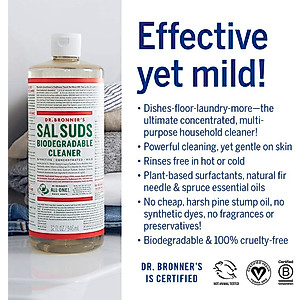 Dr. Bronner's - Sal Suds Biodegradable Cleaner (16 oz, 2-pack) - All-Purpose Cleaner, Pine Cleaner for Floors, Laundry and Dishes, Concentrated, Cuts Grease and Dirt, Powerful Cleaner
