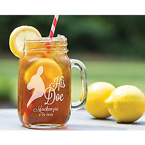 Her Buck His Doe Set of 2 Personalized Mason Jars Rustic Custom Etched for Wedding, Engagement Anniversary Bridal Party Gift of Favor for Newlyweds Couple Gift Idea Barn Wedding Hunting Theme