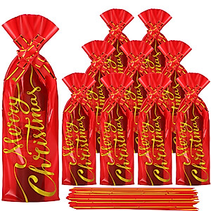 Teling 100 Pcs Christmas Wine Bottle Gift Bags Cellophane Bag Red Merry Christmas Wine Bag Cover Including 50 Pcs Wine Wrapping Bags and 50 Pcs Pull Bows for Christmas Holiday Party