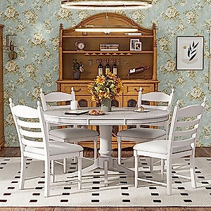 FIQHOME Set, 5-Piece Retro Functional, Wood Round Extendable Table and 4 Upholstered Chairs for Kitchen, Dining Room, Farmhouse,Antique White