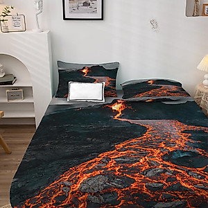 Volcano Sheets Full Size, Magma Bed Sheets, Patterned Bedding Sheets & Pillowcases 4 Piece Set - Soft Microfiber Deep Pocket Fitted Sheet & Flat Sheet & 2 Pillow Cases K8-&-241