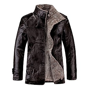 Maiyifu-GJ Men's Vintage Faux Leather Jacket PU Zip Up Stand Collar Trucker Coat Lapel Sherpa Lined Warm Slim Fit Jackets (Black,7X-Large)