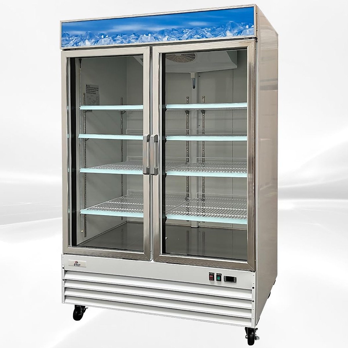 cooler depot Commercial Freezer Glass 2 Double Door Coated Steel Frame&Exterior, Aluminium Interior, Upright Reach in NSF 53" W 8 Shelves, Display Merchandiser 45 cuft -10°F~ 0°F D1.2BM2F