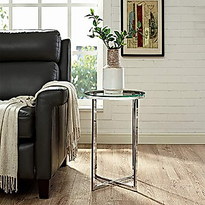 Walker Edison Cora Modern Glass Top Round Accent Table with X Base, 16 Inch, Glass and Chrome