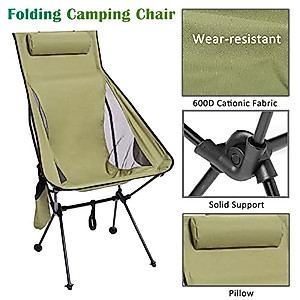 Sequpr Ultralight High BackOutdoor Folding Camping Chair， Heavy Duty Mesh Lightweight Beach Lounge Chair with Pillow and Cup Bag, Large Chair for Travel, Hiking,Fishing,Beach (Green)