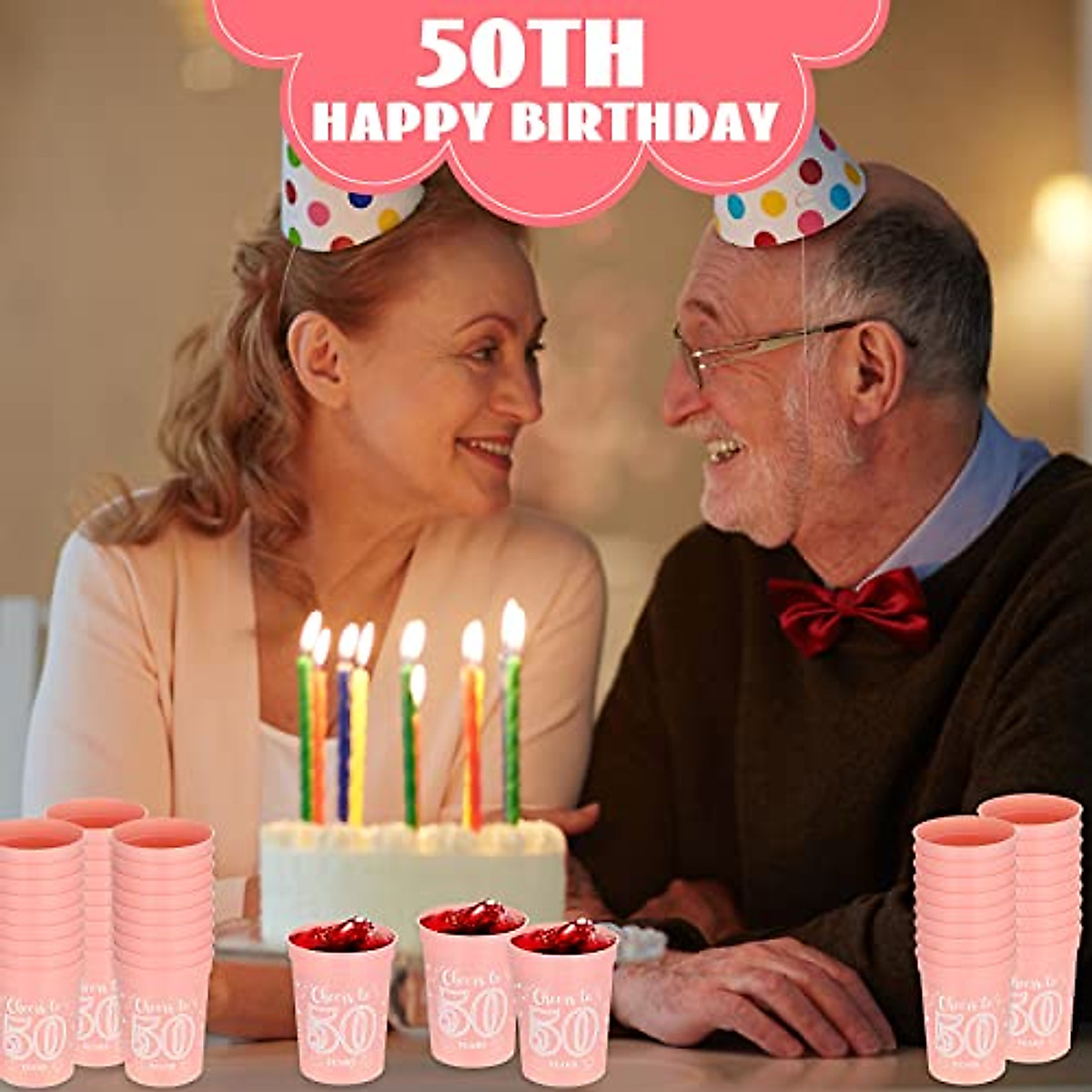 Nuenen 40 Pack 40th 50th 60th 70th Birthday Cups Birthday Stadium Cups Birthday Decorations for Men Birthday Party Favors Rose Gold Party Cups for Birthday Decorations Party Favors, 8 oz (50th)