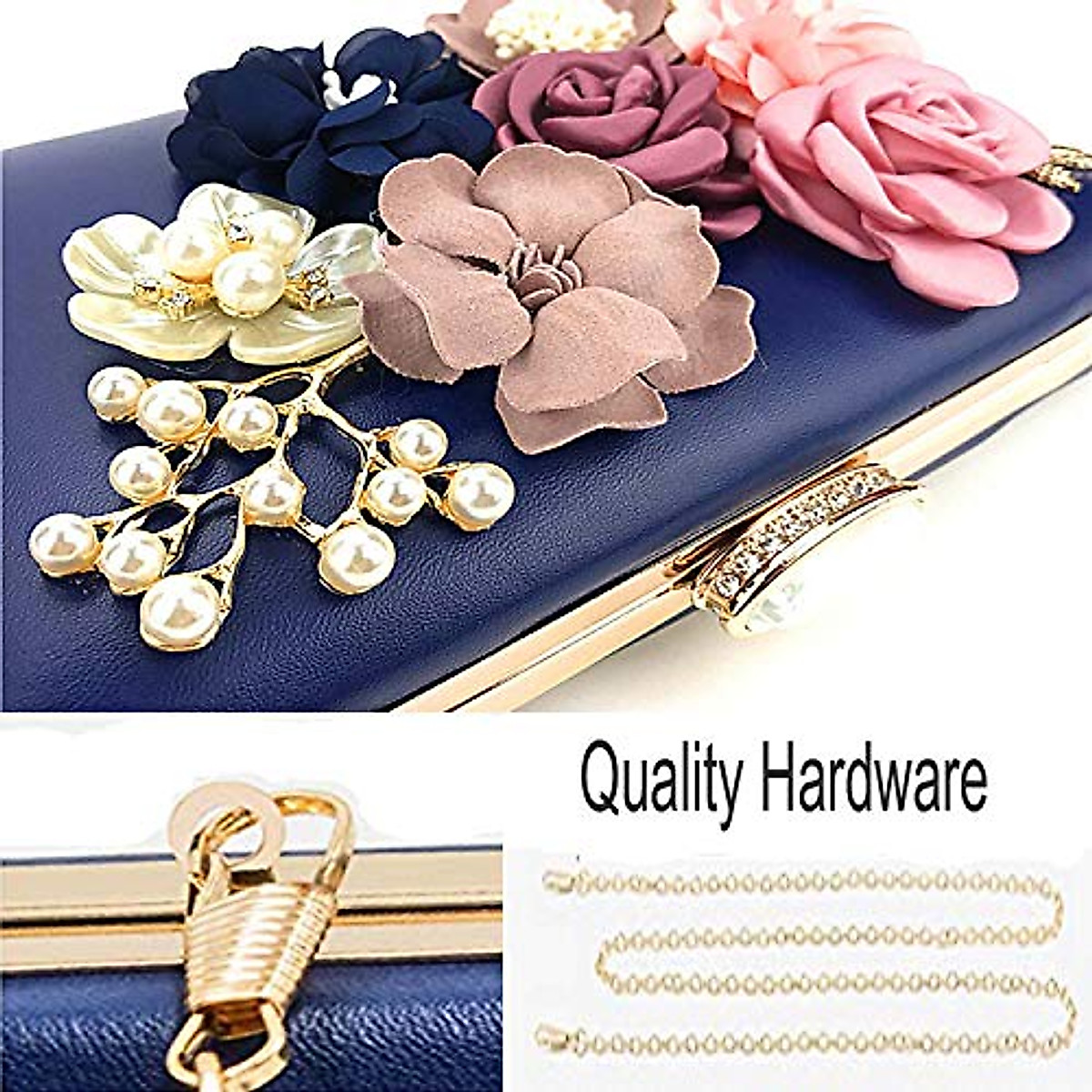 AMAZE Flower Clutch Purse for Women Floral Evening Bags for Wedding Bride Formal Party (Navy Blue)