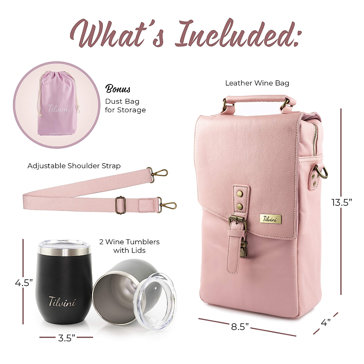 Tilvini Insulated Genuine Leather Wine Tote Bag With 2 Wine Tumblers. Wine Cooler Bag 2 Bottle Wine Carrier Set. Barbie Pink Bag. Wine Purse For Women. Mom Birthday Gift Bachelorette Party Wife Picnic