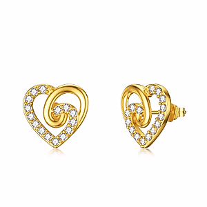 14K Gold Heart Stud Earrings for Women Real Yellow Gold Earrings Studs with Cubic Zirconia Birthday/Aniversary/Christmas Gifts for Mom Daughter Ladies Her (Yellow Gold)
