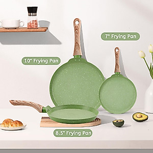 FTNESGYM Egg Pan Frying Pan Set, 7" 8.5" and 10" 3 Pieces Nonstick Crepe Pan Set, Omelet Pans, Flat Pan for Tortillas, Omelette, Pancake, Gas Stove Induction Compatible (Green)