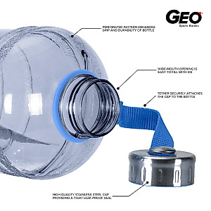 Geo Sports Bottles 1/2 Gallon (64 oz) BPA Free Reusable Leakproof Wide Mouth Sports Water Jug Bottle with Handle and 48mm Stainless Steel Cap (Natural Blue)