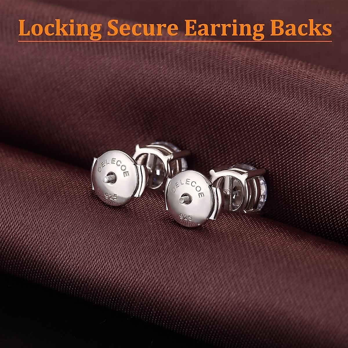 DELECOE 2 Pairs 18K White Gold Locking Earring Backs Replacements for Diamond Studs, Hypoallergenic 925 Silver Earring Backs for Studs Secure Push Earring Backs(Comfort,No-Fading)