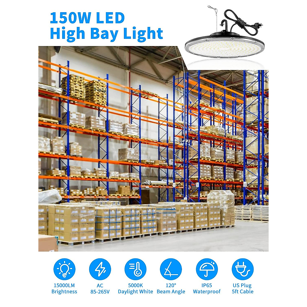 LED High Bay Light 150W, 22500LM LED Shop Light with US Plug 5' Cable, 5000K Daylight UFO LED High Bay Lights, IP65 Commercial Warehouse Light, Super Bright Area Bay Lighting for Garage Barn Workshop