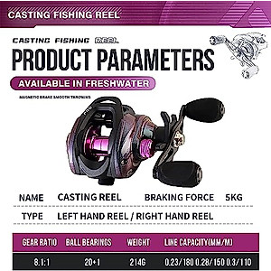 Baitcasting Fishing Reel,Compact Design Metal Body Baitcaster Reel,11LB Drag,20-Speed Magnetic Braking System,Available in 6.5:1 and 8.1:1Conventional Reel for Catfish, Musky (B: Left Hand-8.1:1)