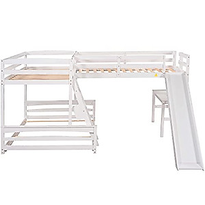 GINGVAT L Shaped Bunk Beds for 3, Wooden Triple Bunk Bed with Slide and Desk, Twin Over Full Bunk Bed & Twin Size Loft Bed with Desk for Kids Teens,No Spring Box Needed,White
