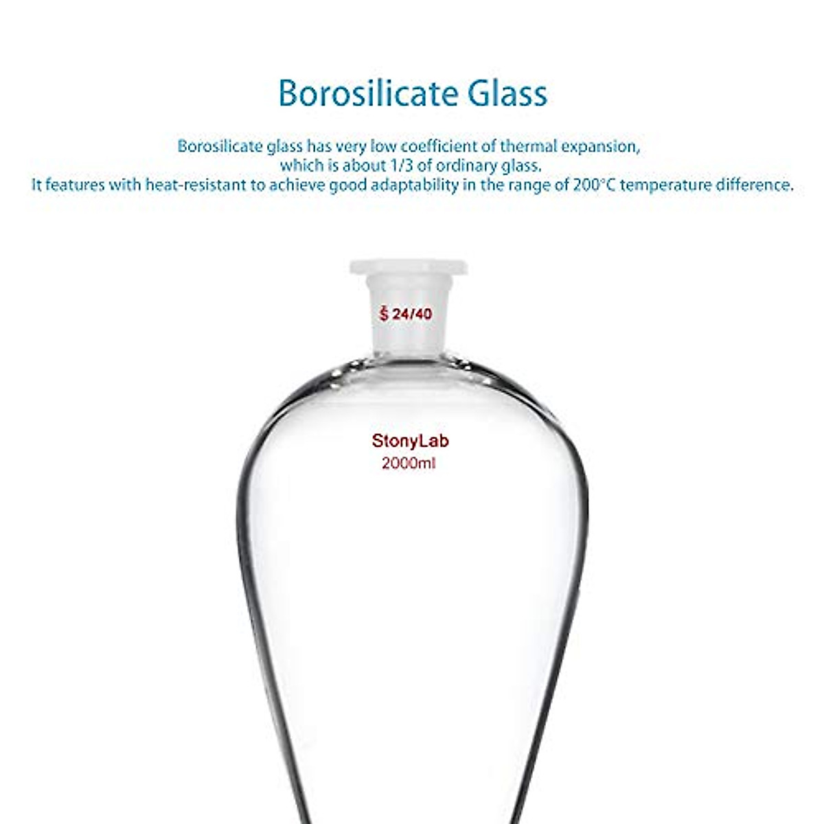 StonyLab Borosilicate Glass 2000 ml Heavy Wall Conical Separatory Funnel with 24/40 Joints and PTFE Stopcock, 2 L (2 Liter)