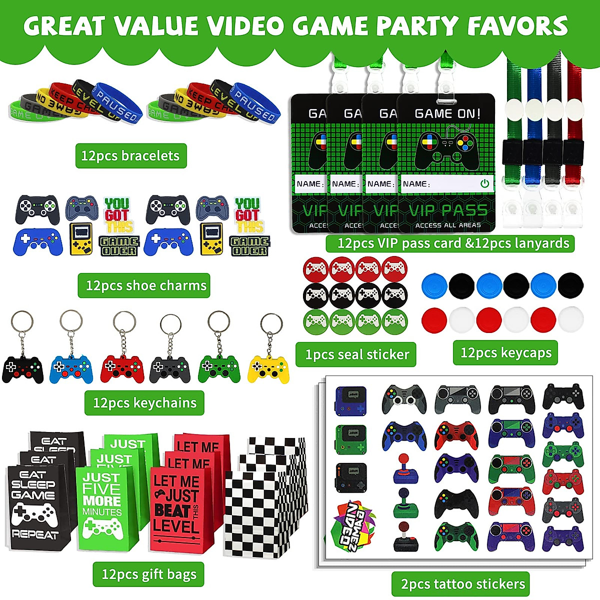 Bluegogo Video Game Party Favors, Gamer Party Favors - VIP Passes Keychains Tattoo Stickers Shoe Charms Button Caps Bags for Gaming Party Favors